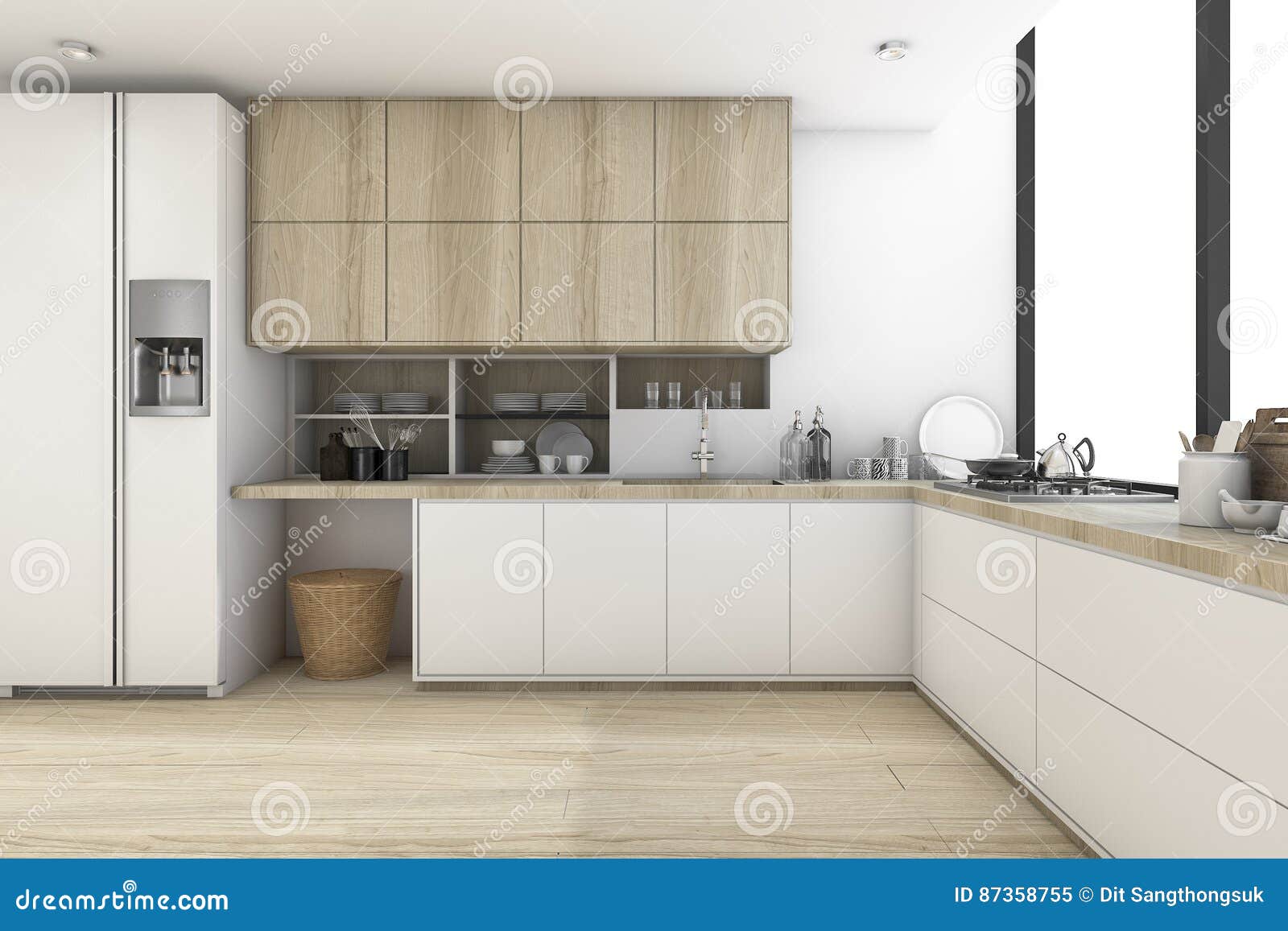 3d Rendering Scandinavian Kitchen with White Wood Design Stock ...