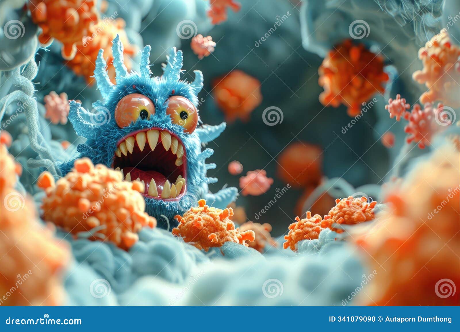 3D Rendering of a Scary Virus Monster Attacking Cells, Illustrating a ...