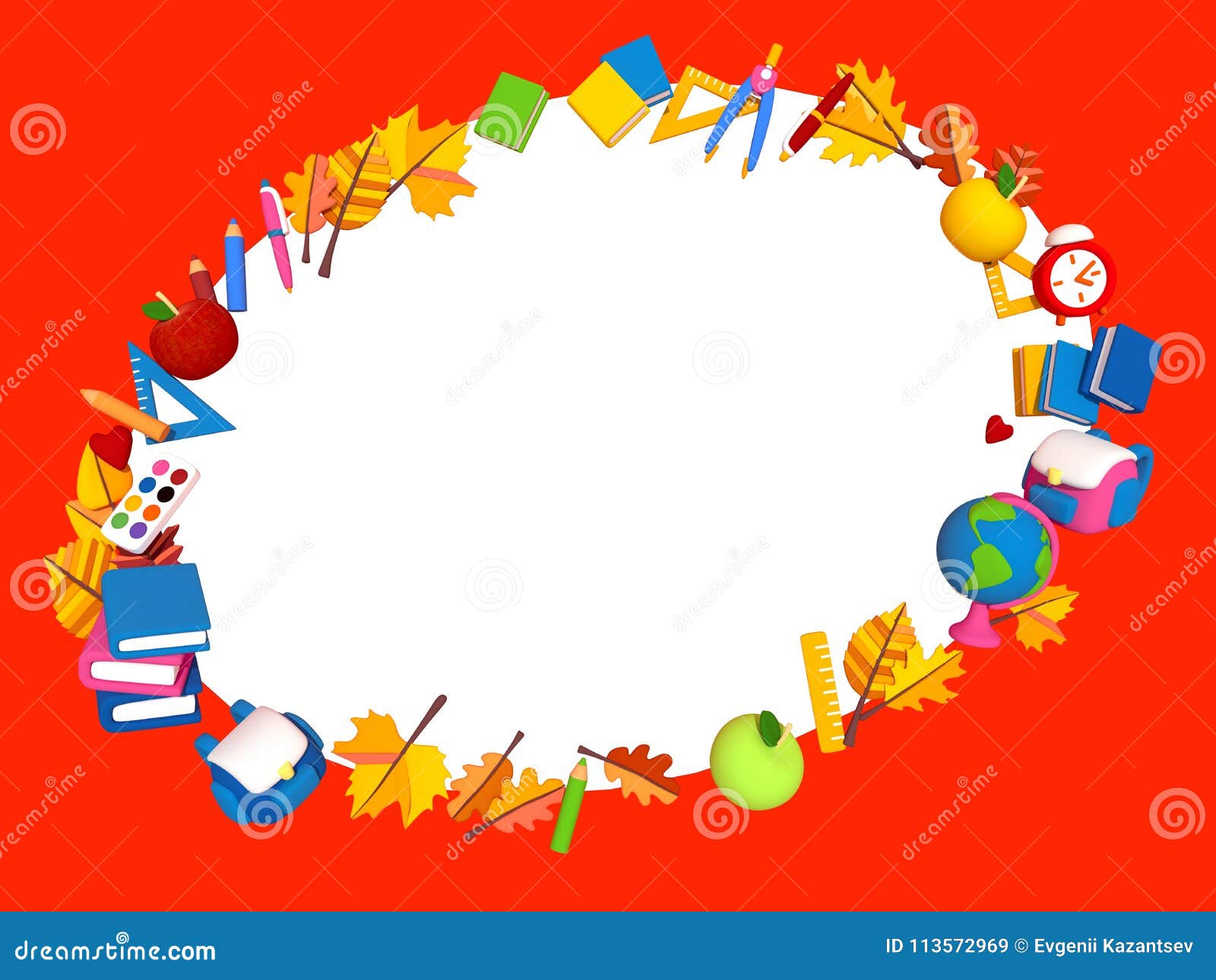 3D Rendering, School Supplies on a White Oval Background Stock ...