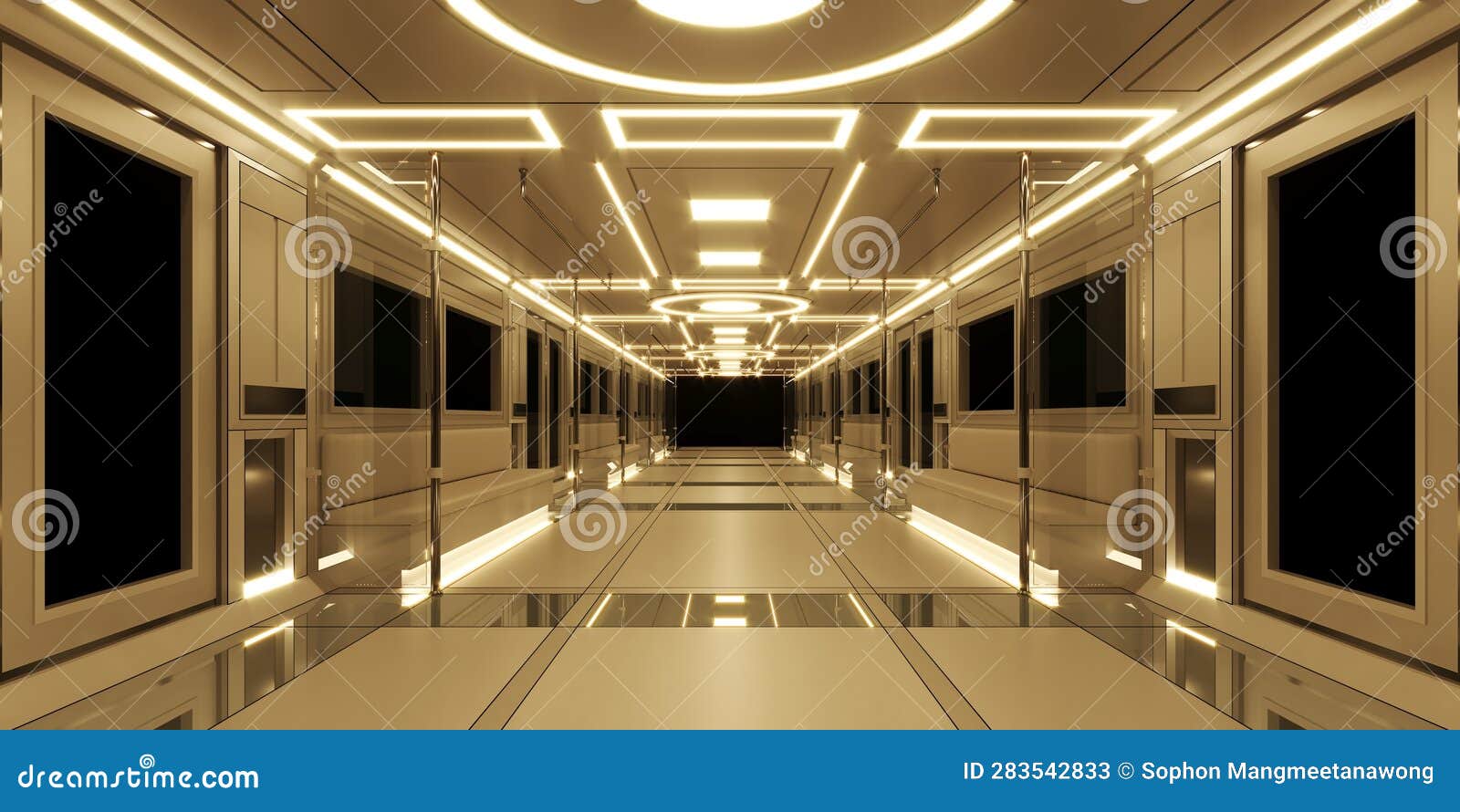 3D Rendering Scifi Interior Luxury Lab Corridor with Gold Decorate ...