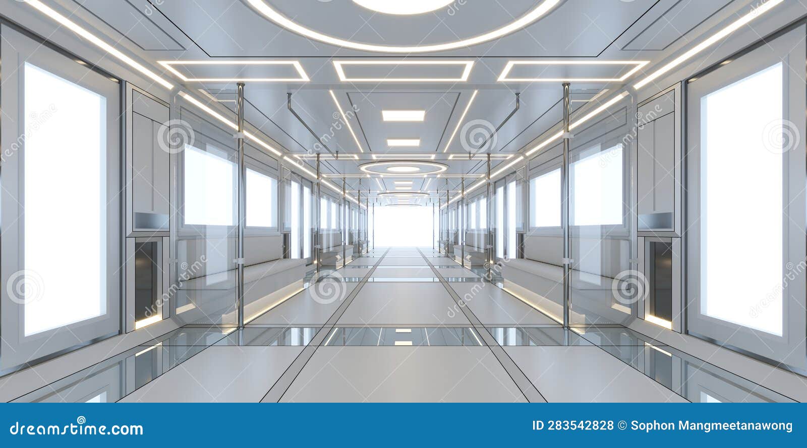 3D Rendering Scifi Interior Luxury Lab Corridor with White Metal ...