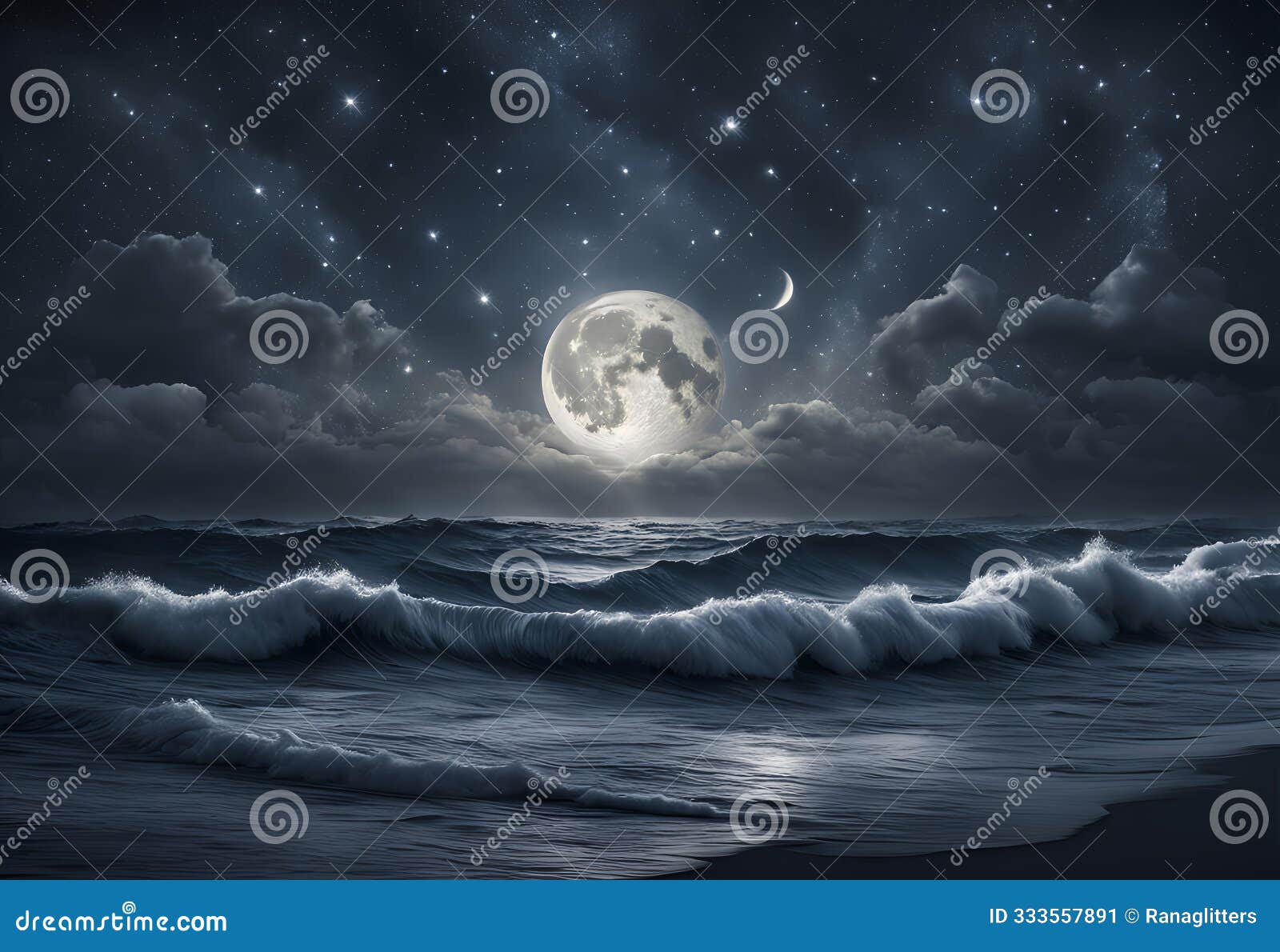 Sea Waves with Full Moon in the Night Sky. 3d Rendering Stock Image ...