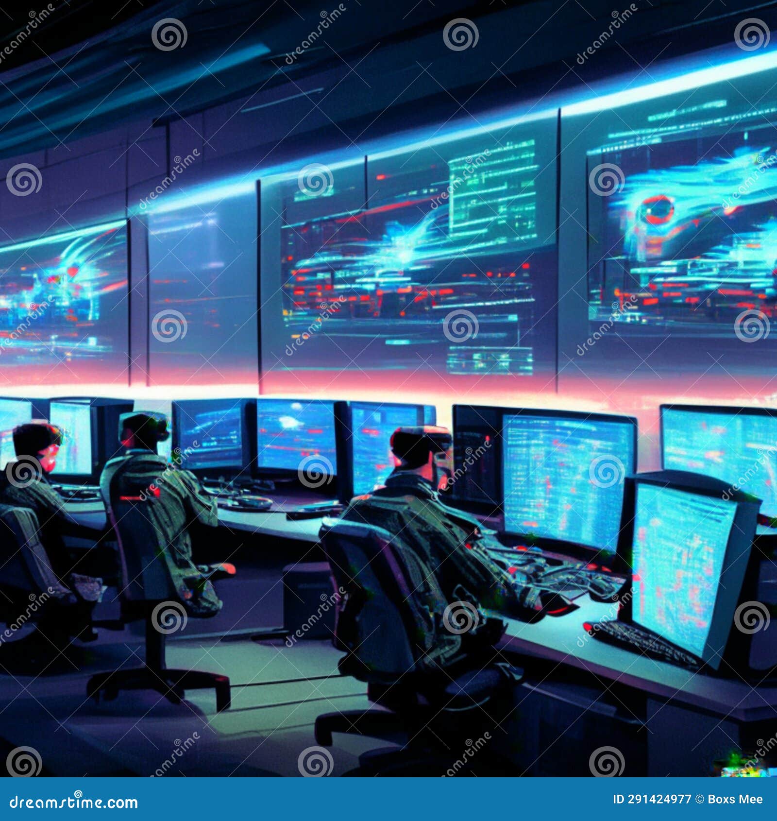 3d Rendering of a Security Guard Monitoring a Group of Computer ...