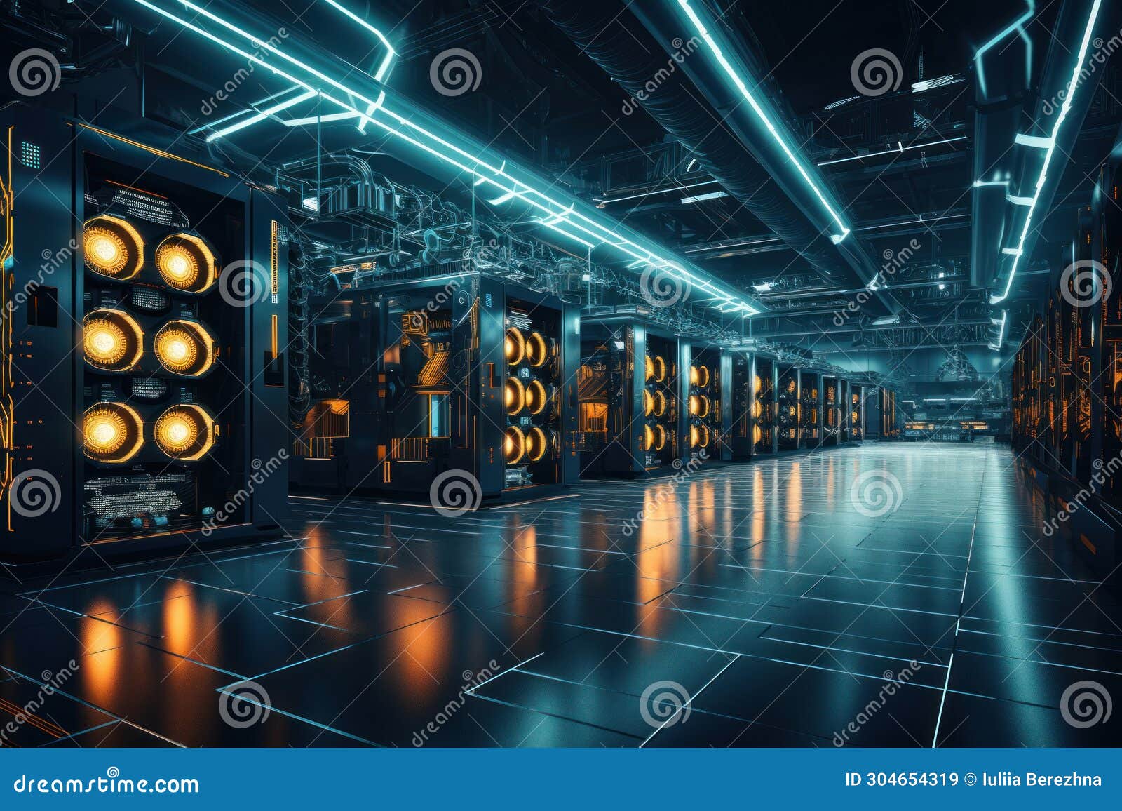 3d Rendering Server Room Data Center with Glowing Lights in the Dark ...