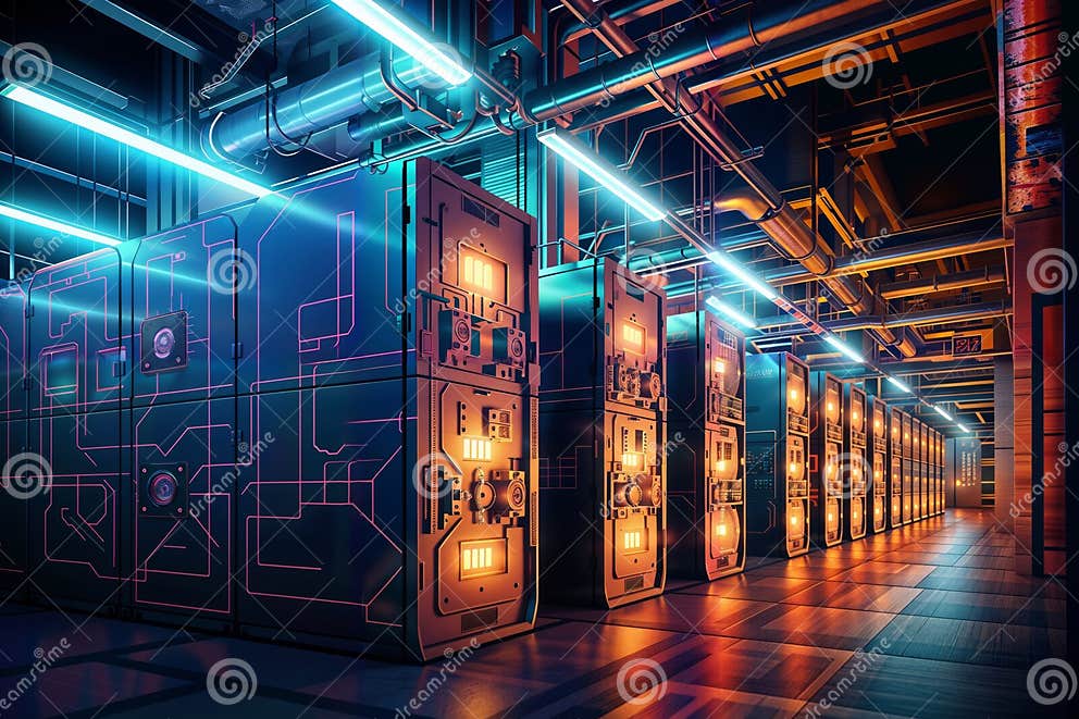 3D Rendering of Server Room with Glowing Lights and Circuit Board ...