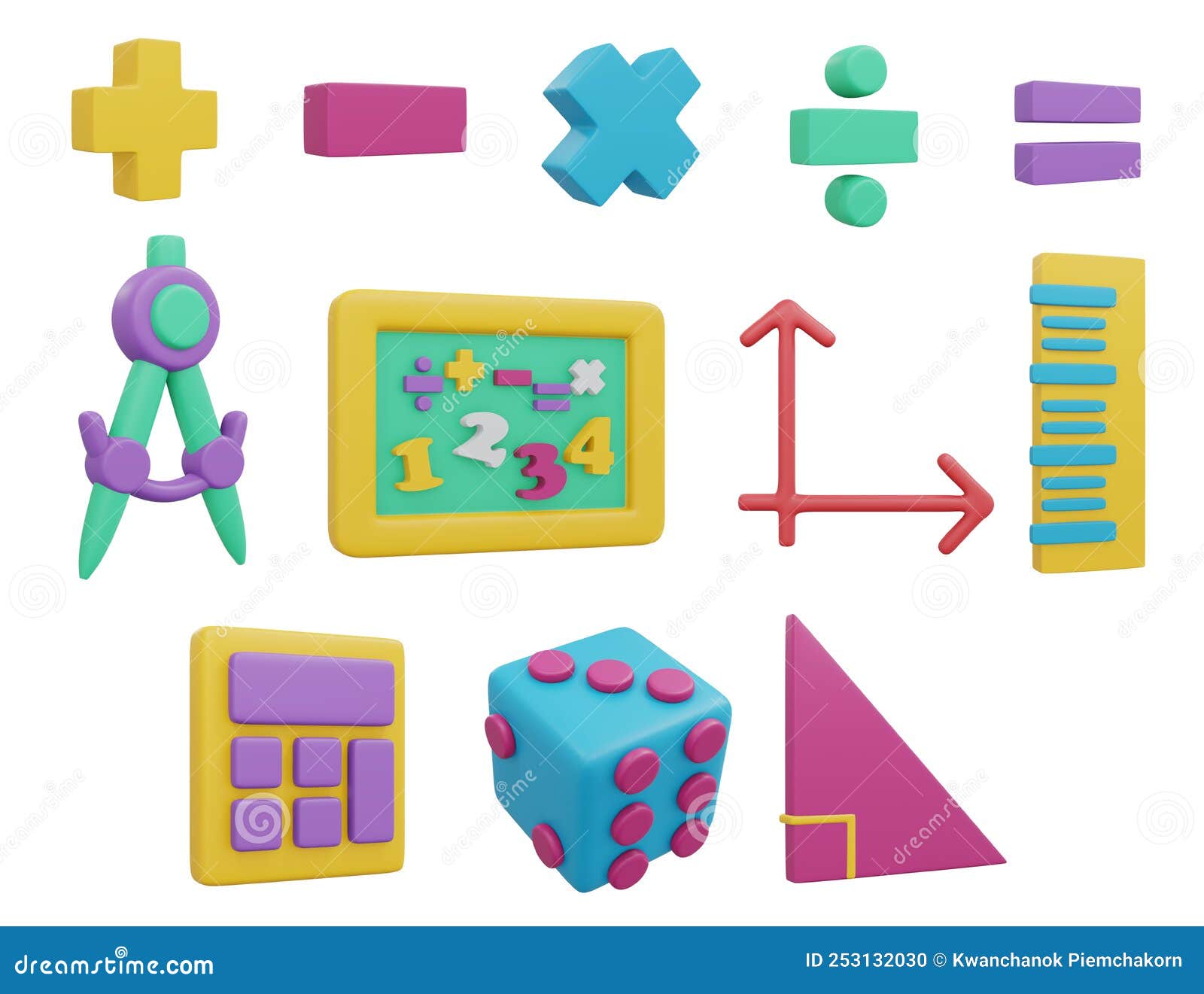 3D Rendering Set of Math Tool Items Kid School Isolated on White ...