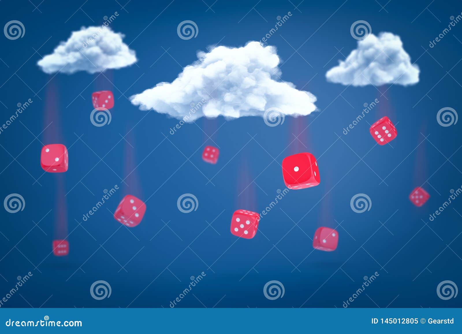 3d Rendering of Set of Red Dice Falling Down from Three White Clouds on ...