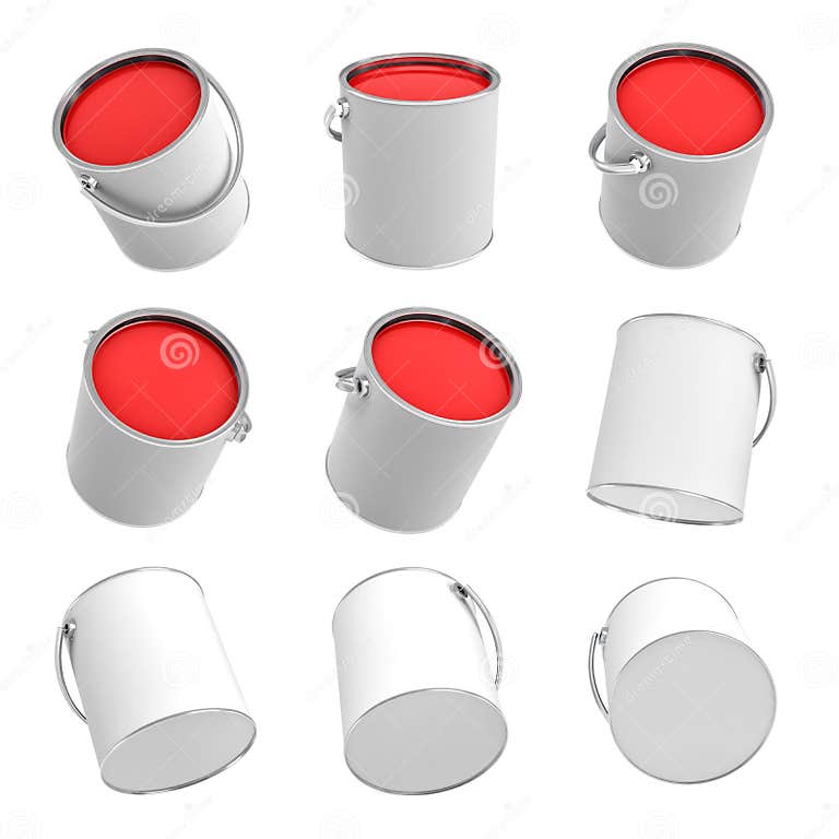 3d Rendering of Several Paint Buckets with Red Paint in Different ...