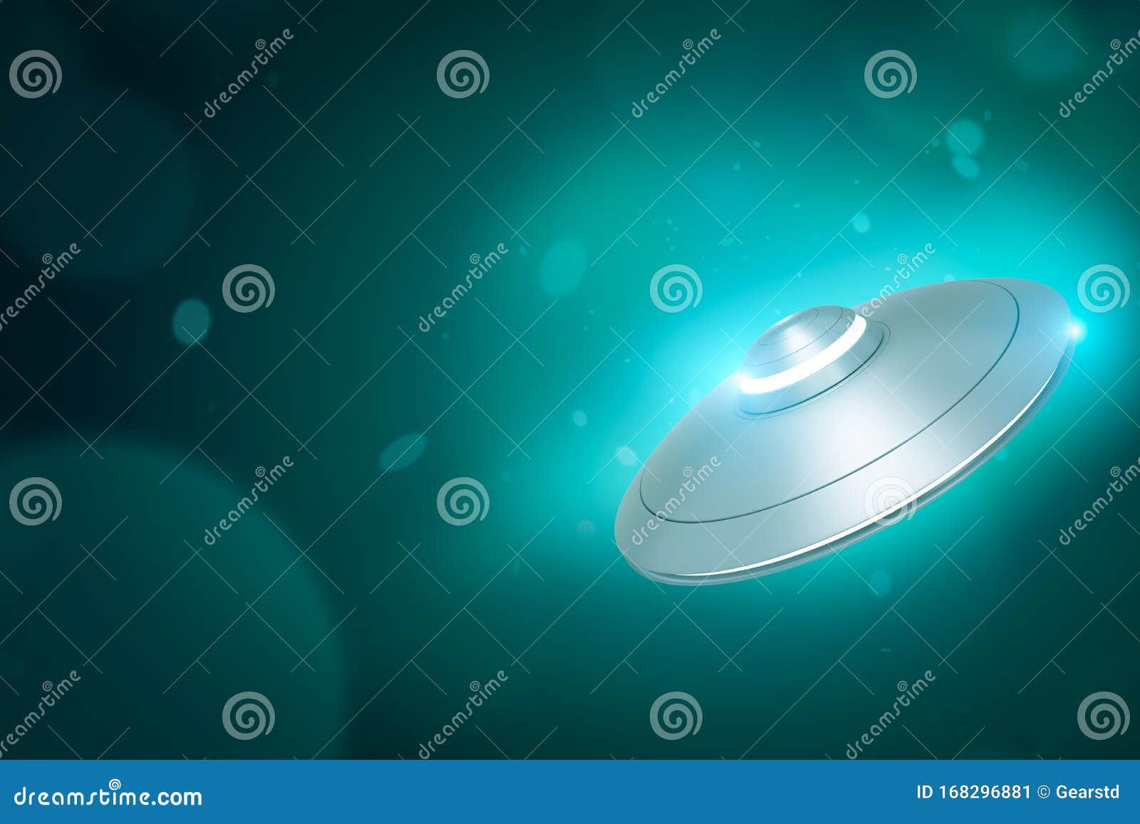 3d Rendering of Shiny Silvery UFO on Turquoise Gradient Bokeh ...