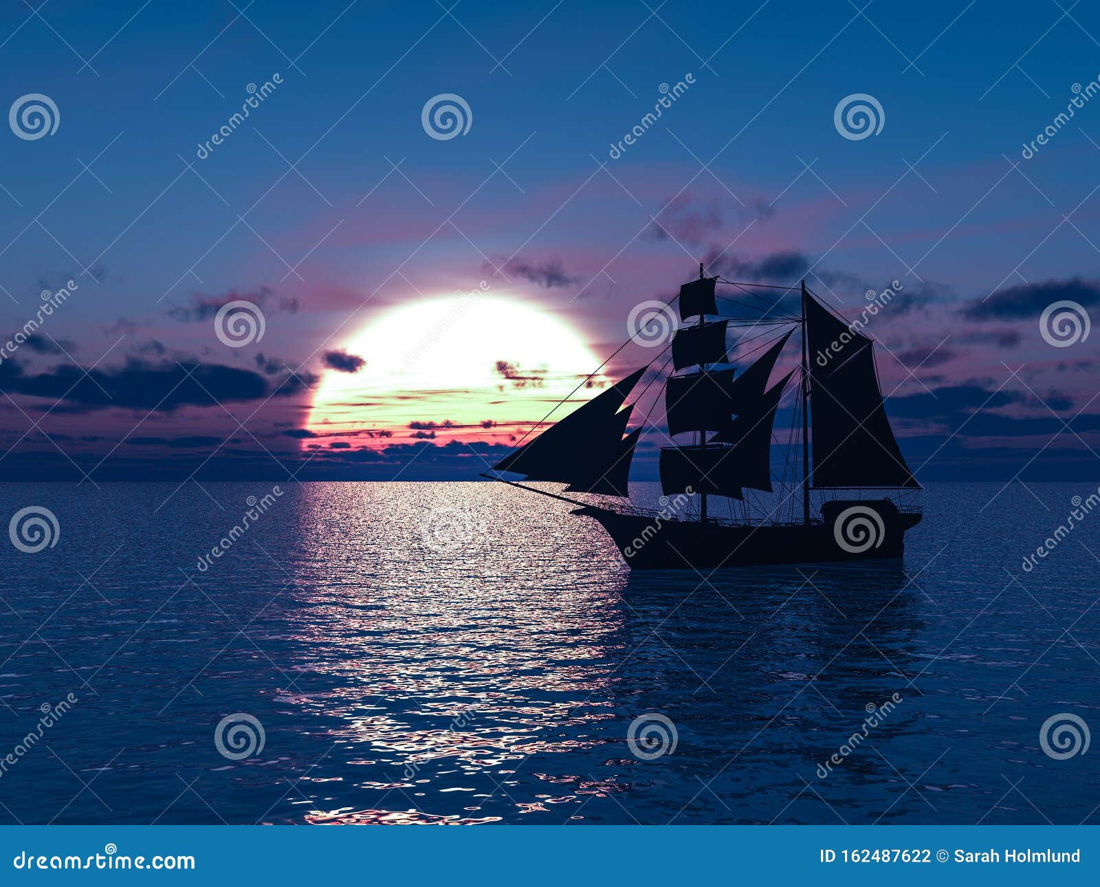 3D Rendering of a Ship Out at Sea at Sunset Stock Illustration ...