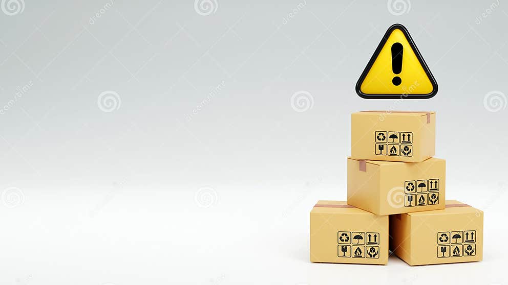 3D Rendering of Shipping Box with an Exclamation Mark, Problem Sign ...