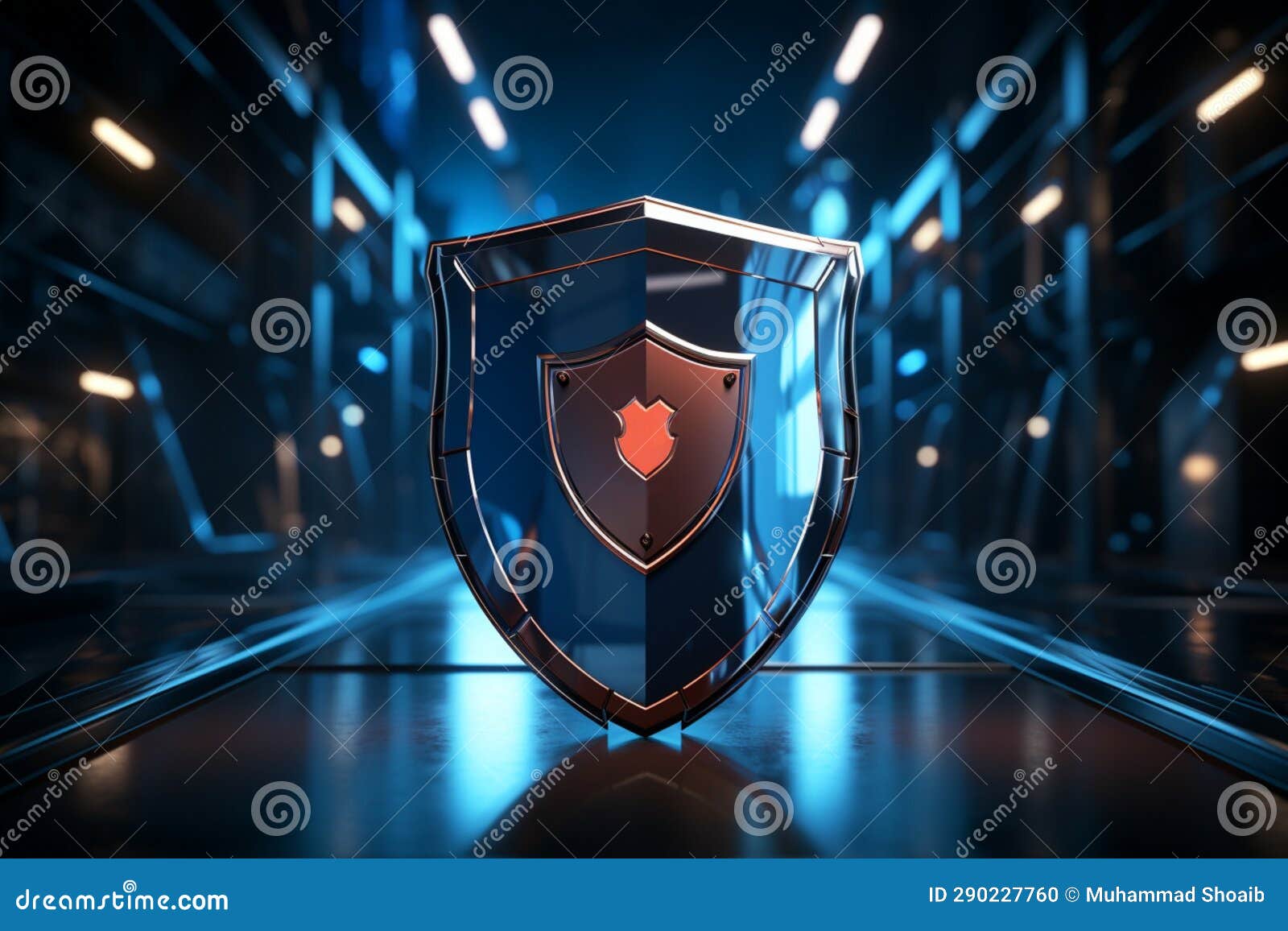 3D Rendering Showcases a Glossy Shield Amid a High Tech Background ...