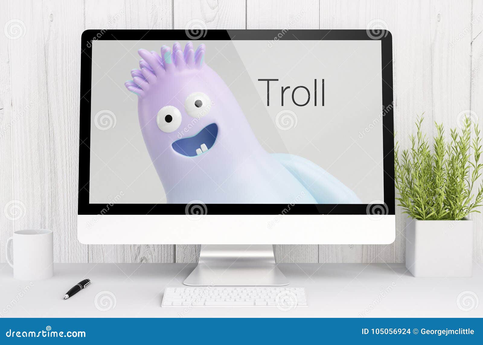 White Workspace with Computer Troll Stock Illustration - Illustration ...
