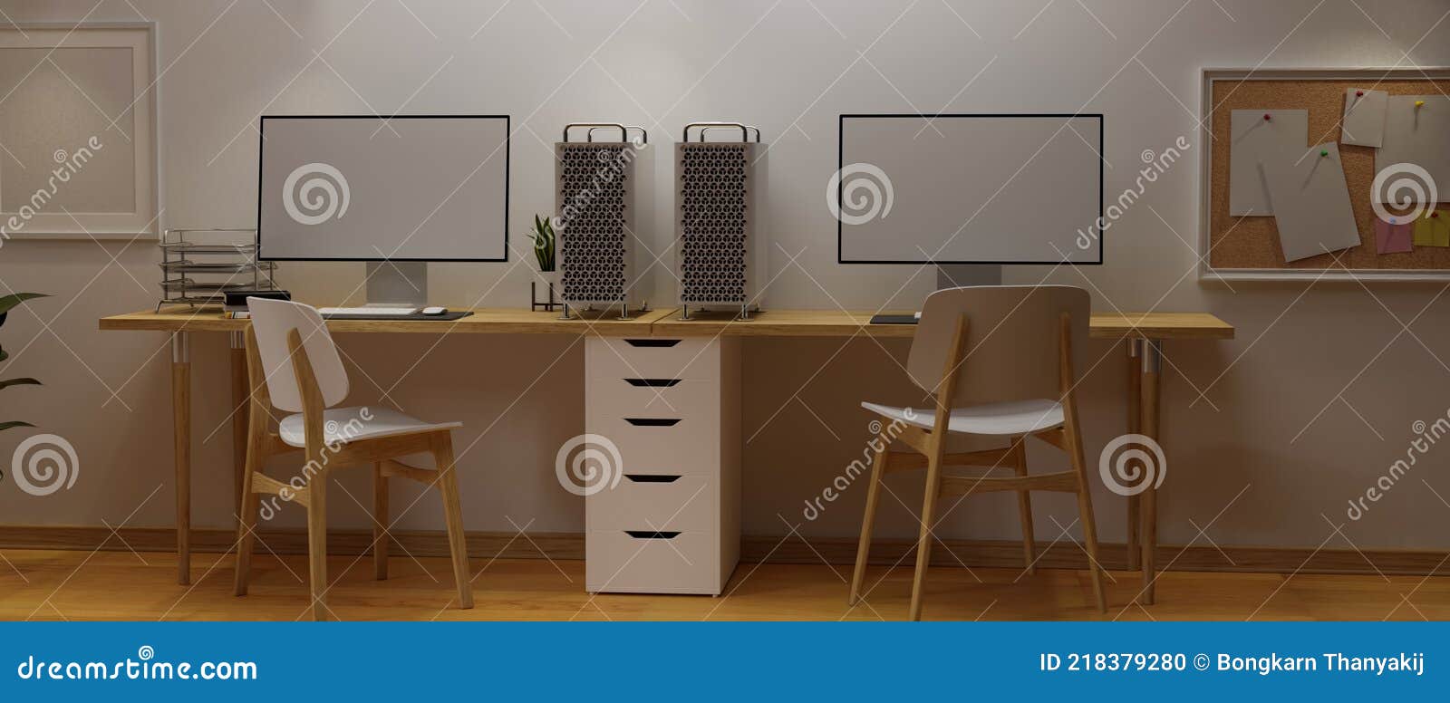 3D Rendering, Simple Office Interior Design with Two Computer Devices ...