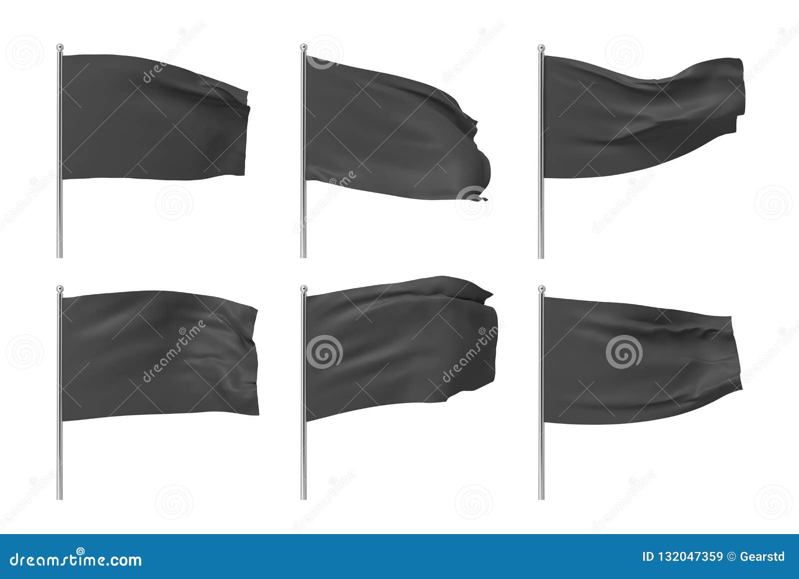 3d Rendering of Six Black Flags Hanging on Posts and Wavering on a ...