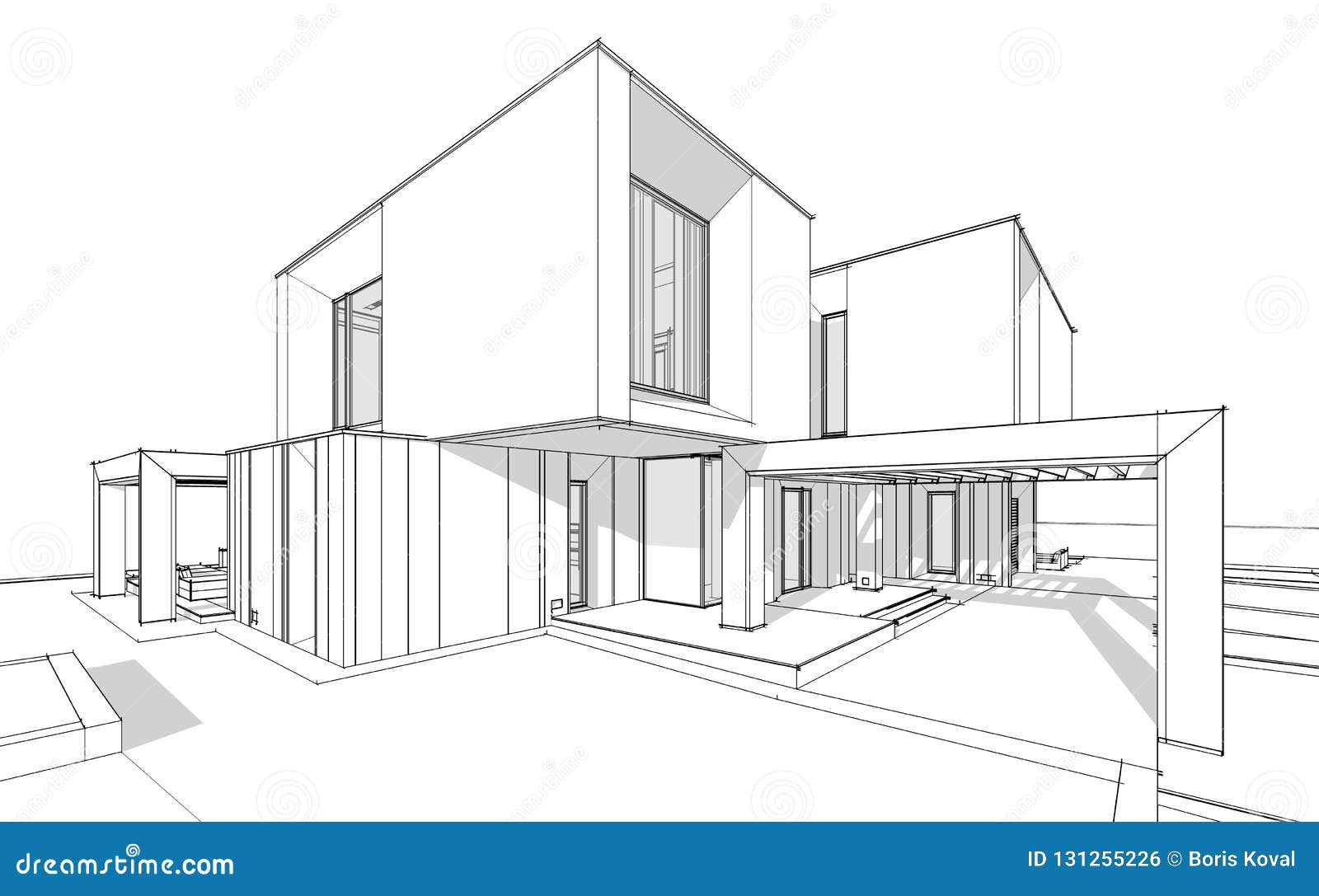 3d Rendering Sketch of Modern House Black Line on White Background ... 3d Rendering Sketch of Modern House Black Line on White Background ...