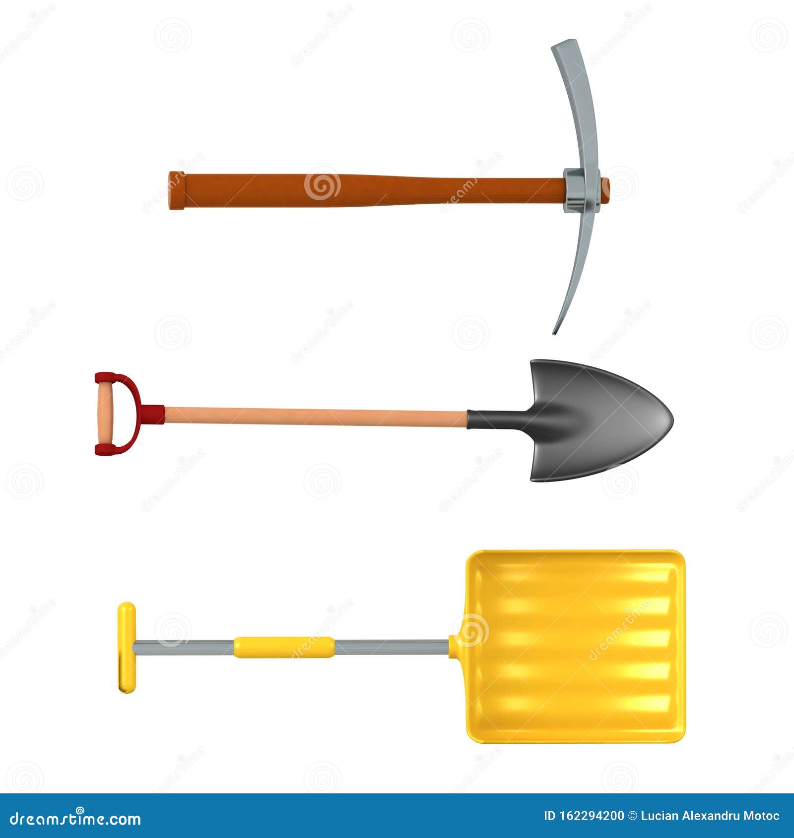 3D Rendering of Snow Shovel, Shovel and Pick Axe Stock Illustration ...