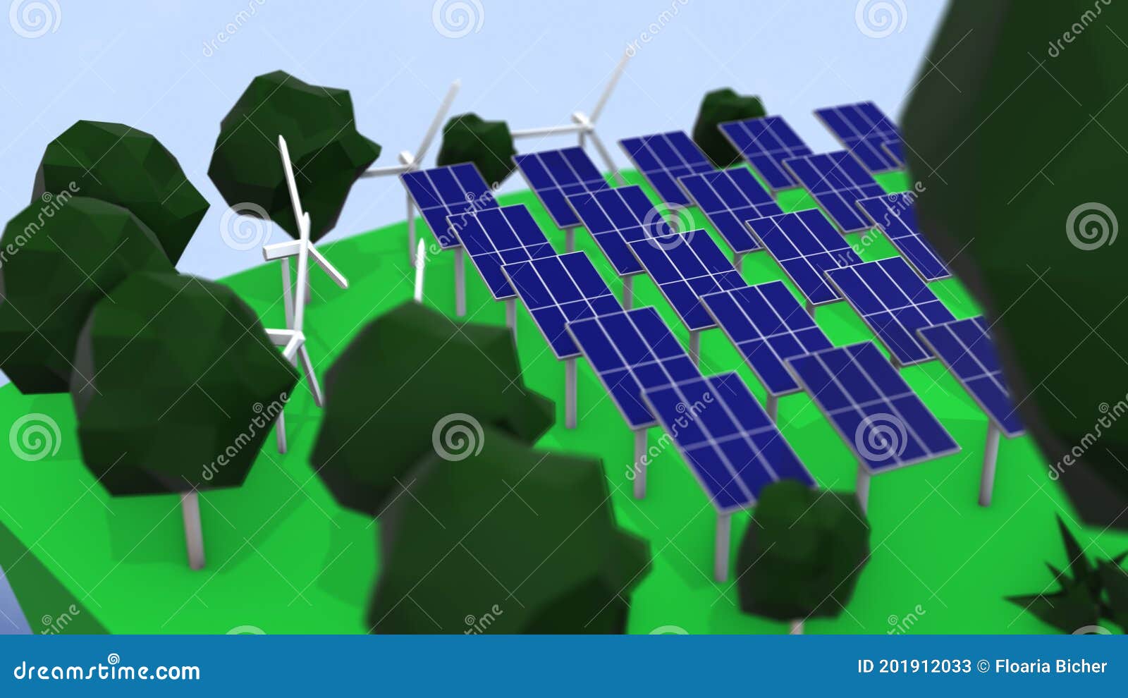 3d Rendering of Solar Electric Panels in the Green Field. Stock ...