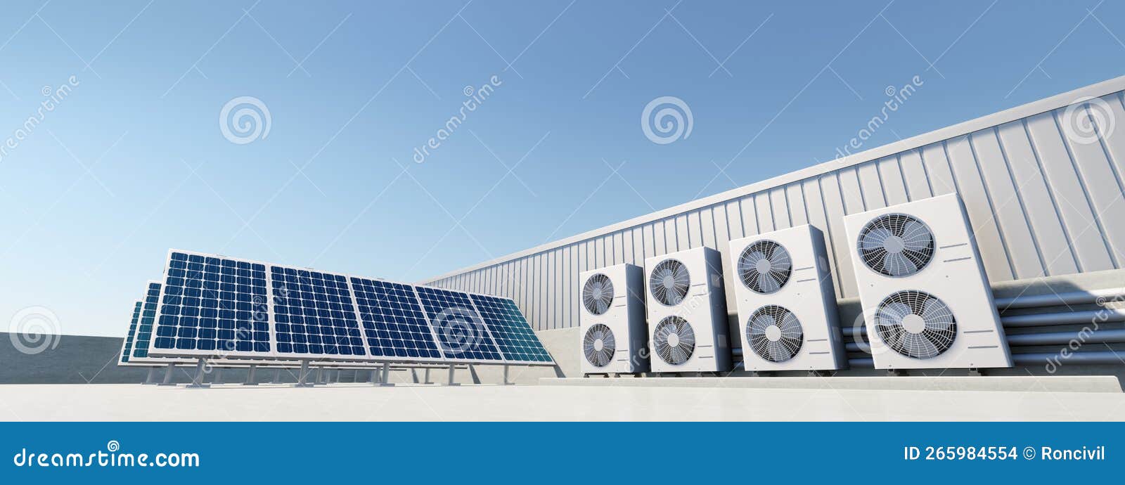 3d Rendering of Solar Panel, Condenser Unit on Rooftop. Stock ...