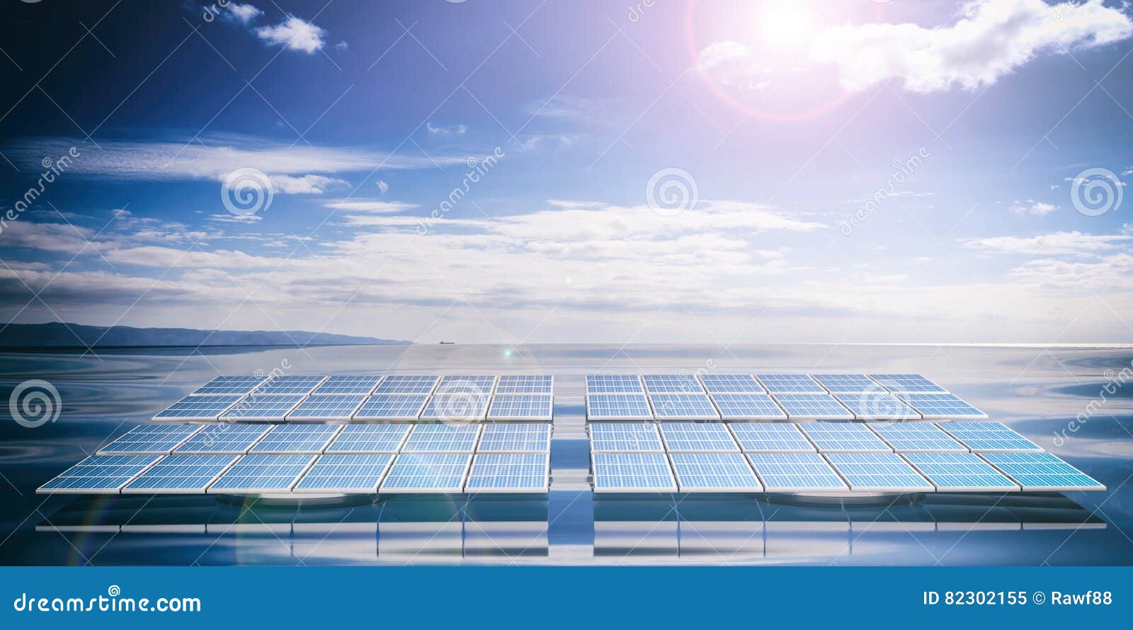 3d Rendering Solar Panels on Sea and Sky Background Stock Illustration ...