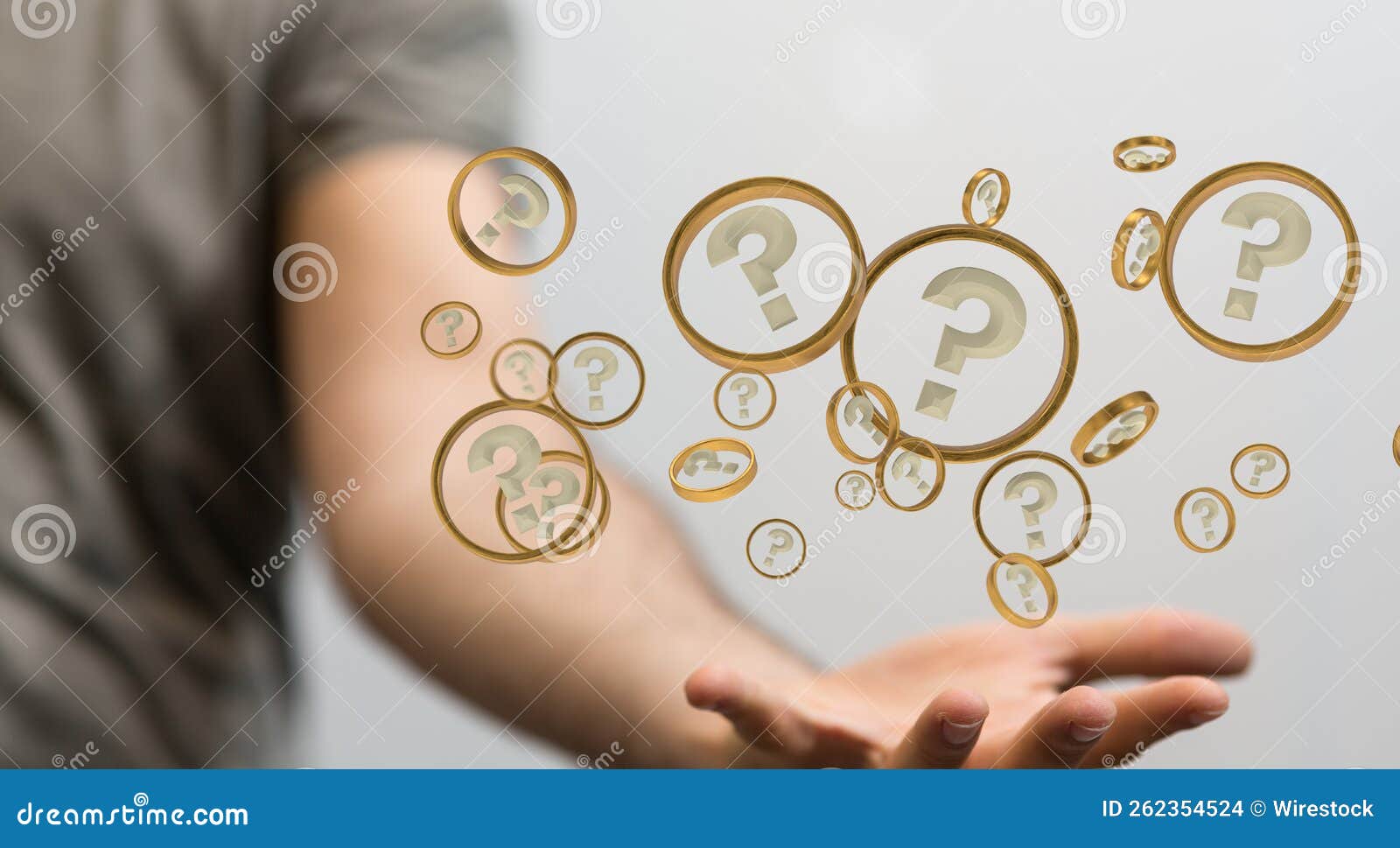 3d Rendering of Solving Problems with Digital Question Marks in a Male Hand with a White ...