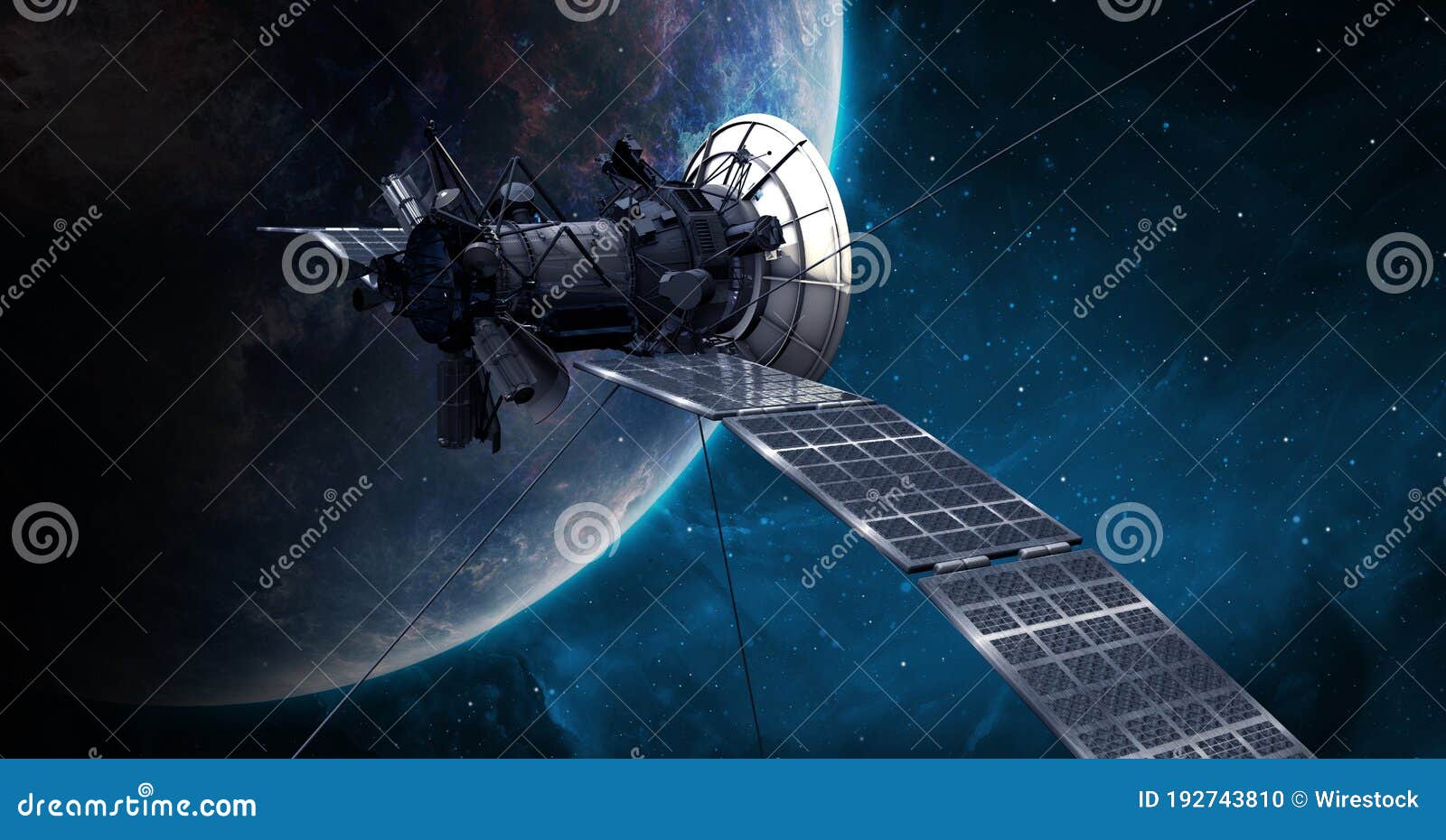 3D Rendering of Space Satellite on Starry Background Stock Illustration ...