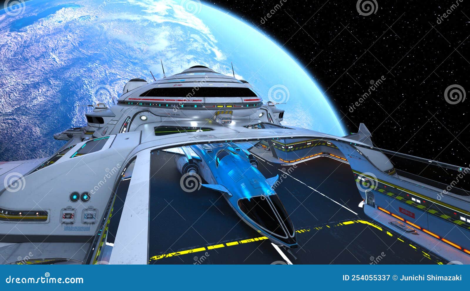 3D Rendering of a Spaceship and the Earth Stock Illustration ...