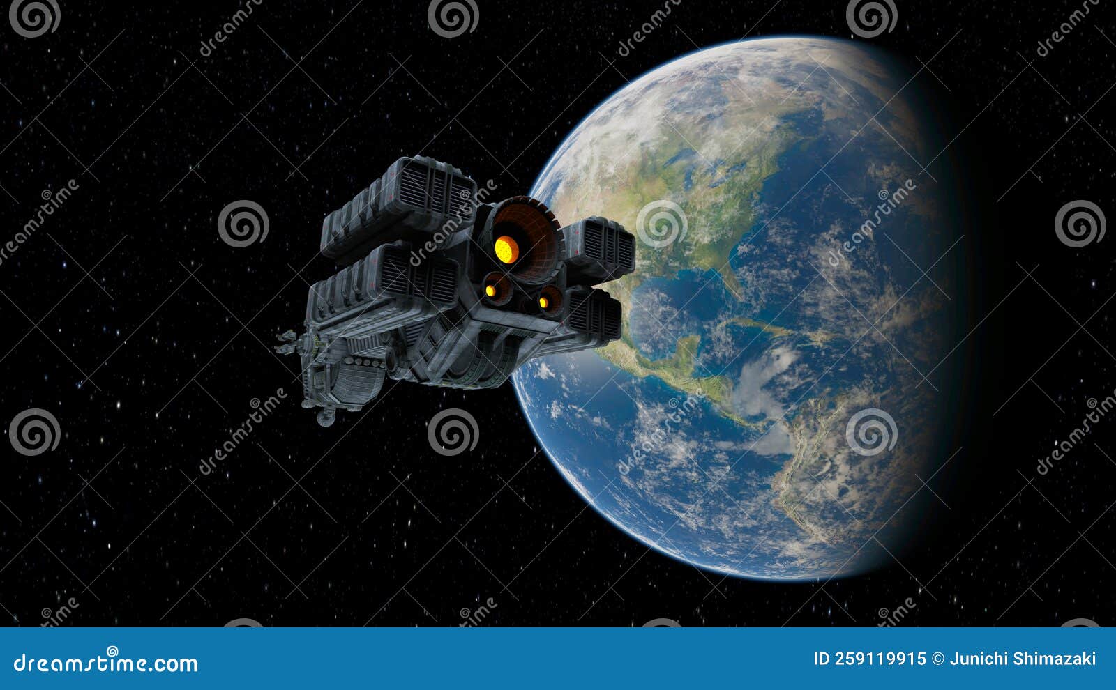 3D Rendering of a Spaceship and the Earth Stock Illustration ...