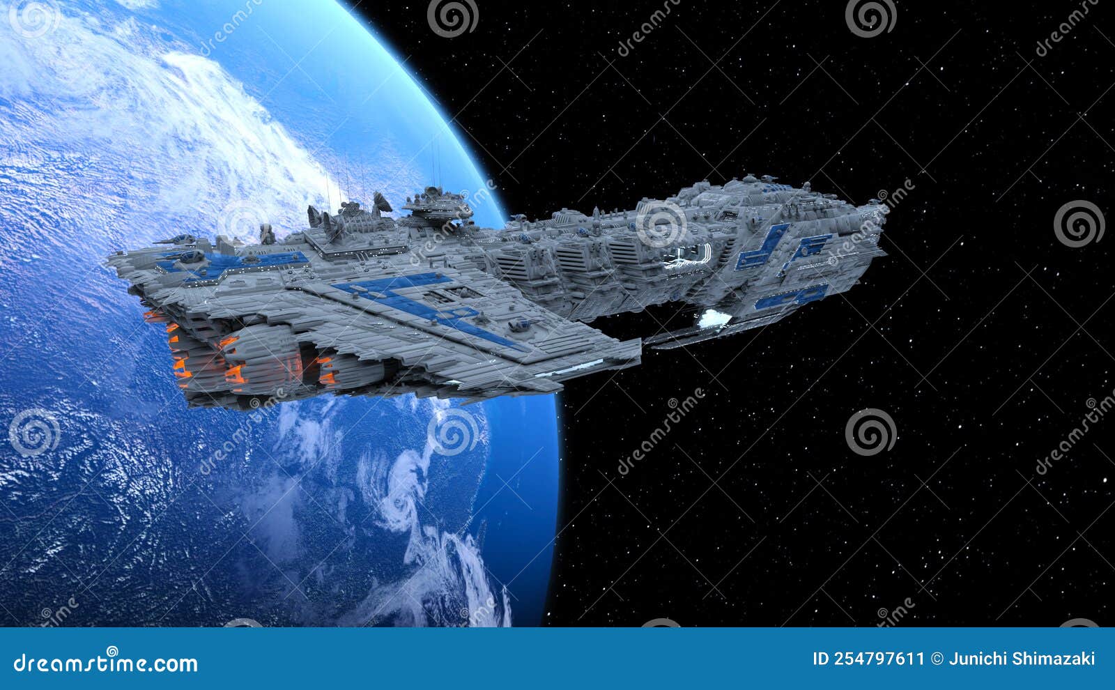 3D Rendering of a Spaceship and the Earth Stock Illustration ...