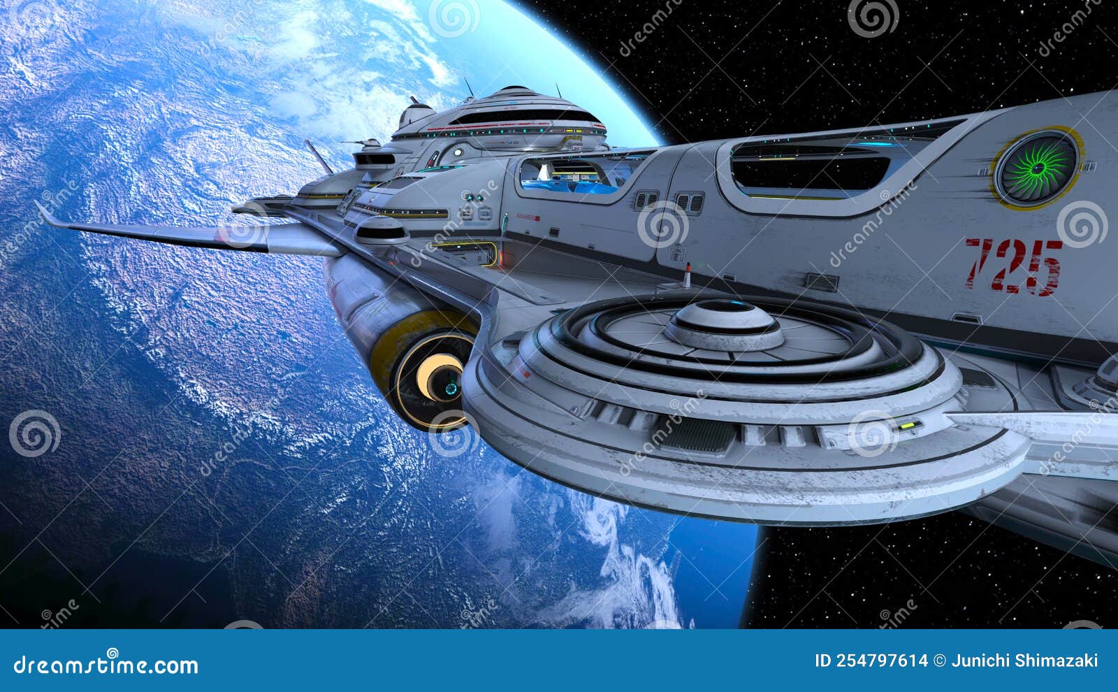 3D Rendering of a Spaceship and the Earth Stock Illustration ...