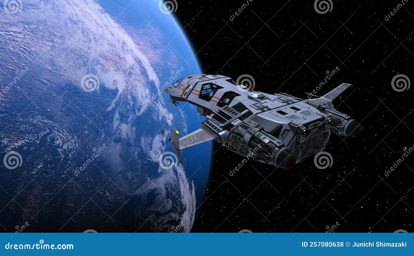 3D Rendering of a Spaceship and the Earth Stock Illustration ...