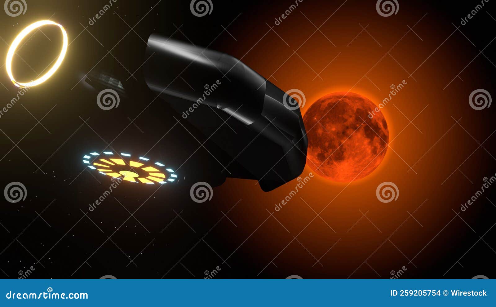 3d Rendering of a Spaceship with a Full Red Moon in the Background ...