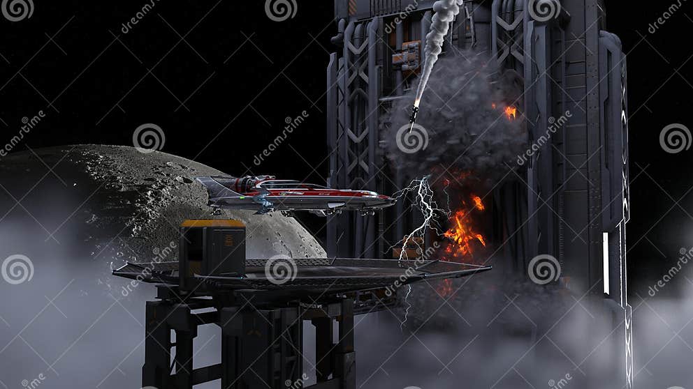 3D Rendering of the Spaceship Hangar Under Attack Stock Illustration - Illustration of automatic ...