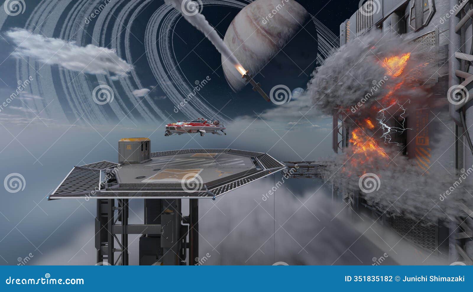 3D Rendering of the Spaceship Hangar Under Attack Stock Illustration - Illustration of room ...