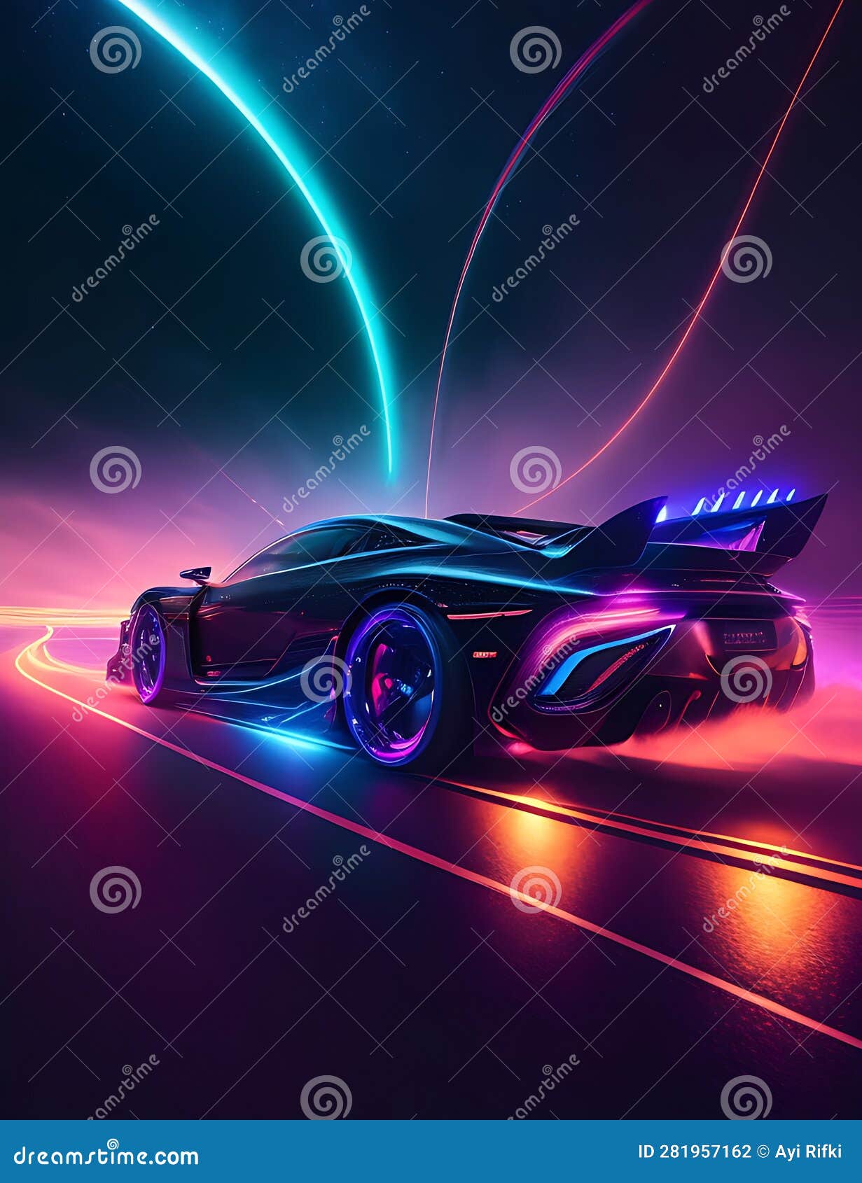 3D Rendering of a Sports Car with Neon Lights on the Background Stock ...