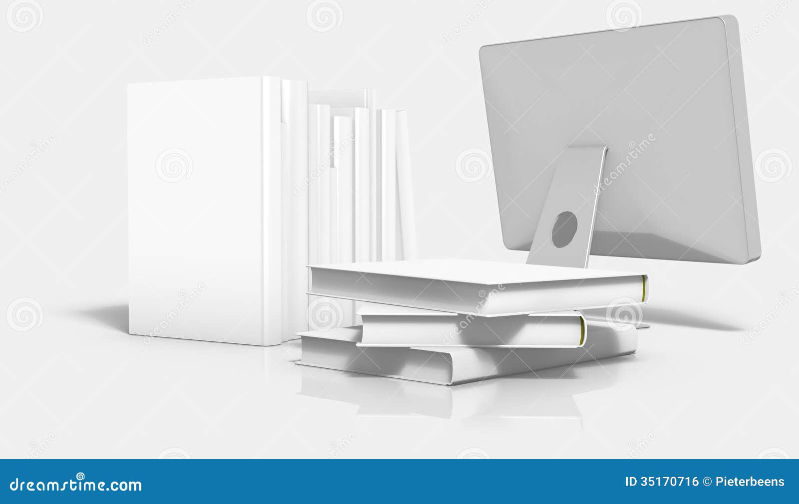 3d Rendering of Stack of Books with Monitor on Gray Background Stock ...