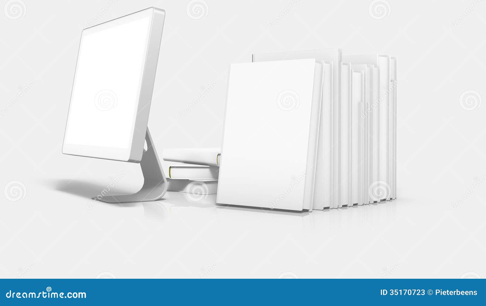 3d Rendering of Stack of Books with Monitor on Gray Background Stock ...