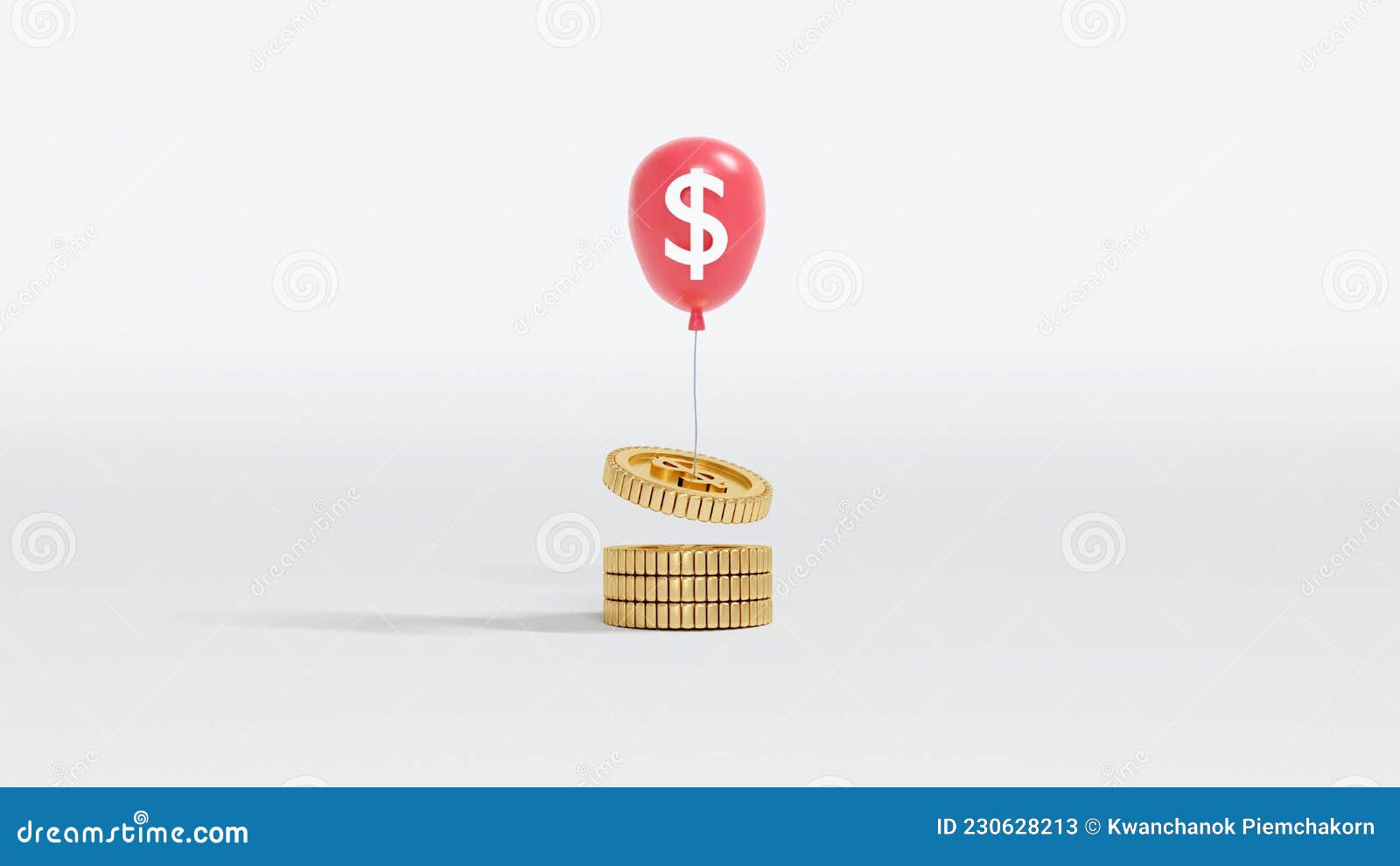3D Rendering Stack of Coins Balloons Taking Coins Up on the Air on ...
