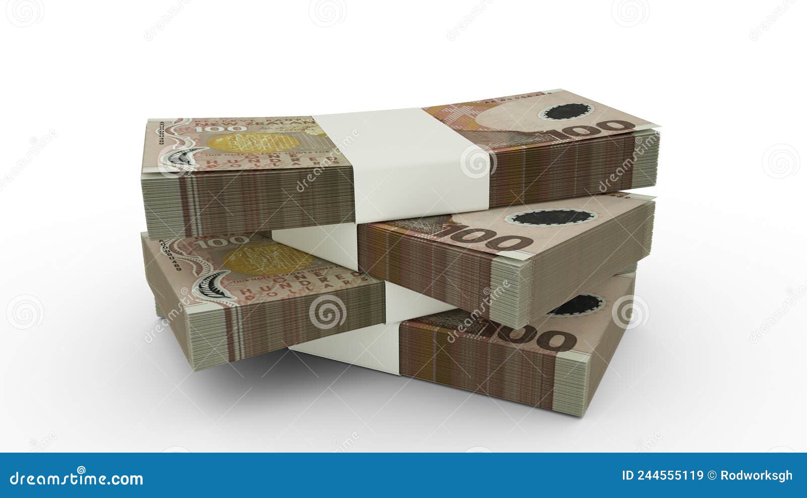 3d Rendering of Stack of 100 New Zealand Dollar Notes. Few Bundles of ...