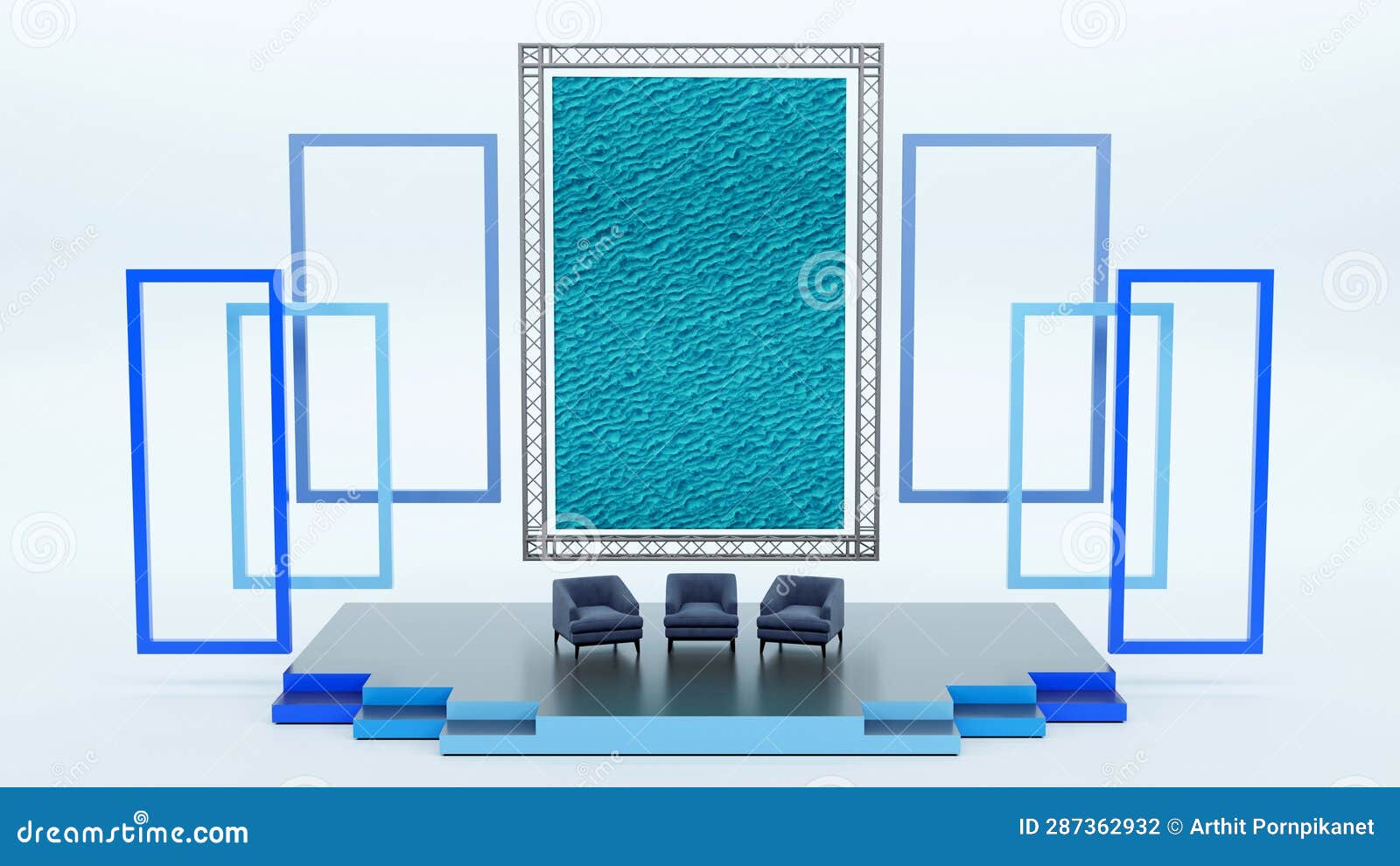 3d Rendering of Stage Design with Blank Frames, Modern Armchair ...
