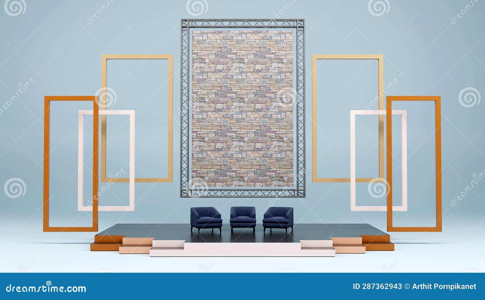 3d Rendering of Stage Design with Blank Frames and Modern Armchair for ...