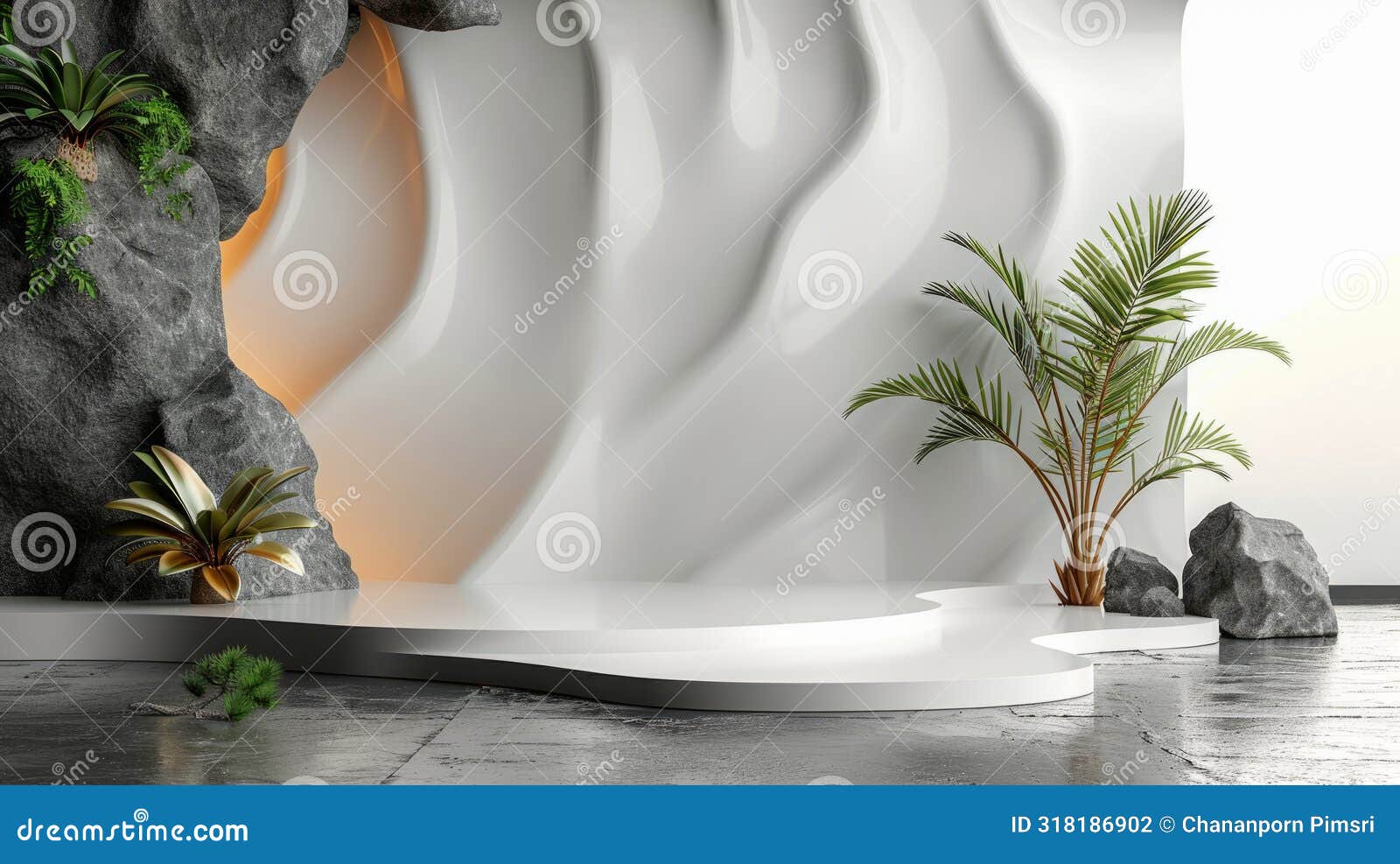 A 3D Rendering of a Stage or Platform with a Curved White Wall and a ...