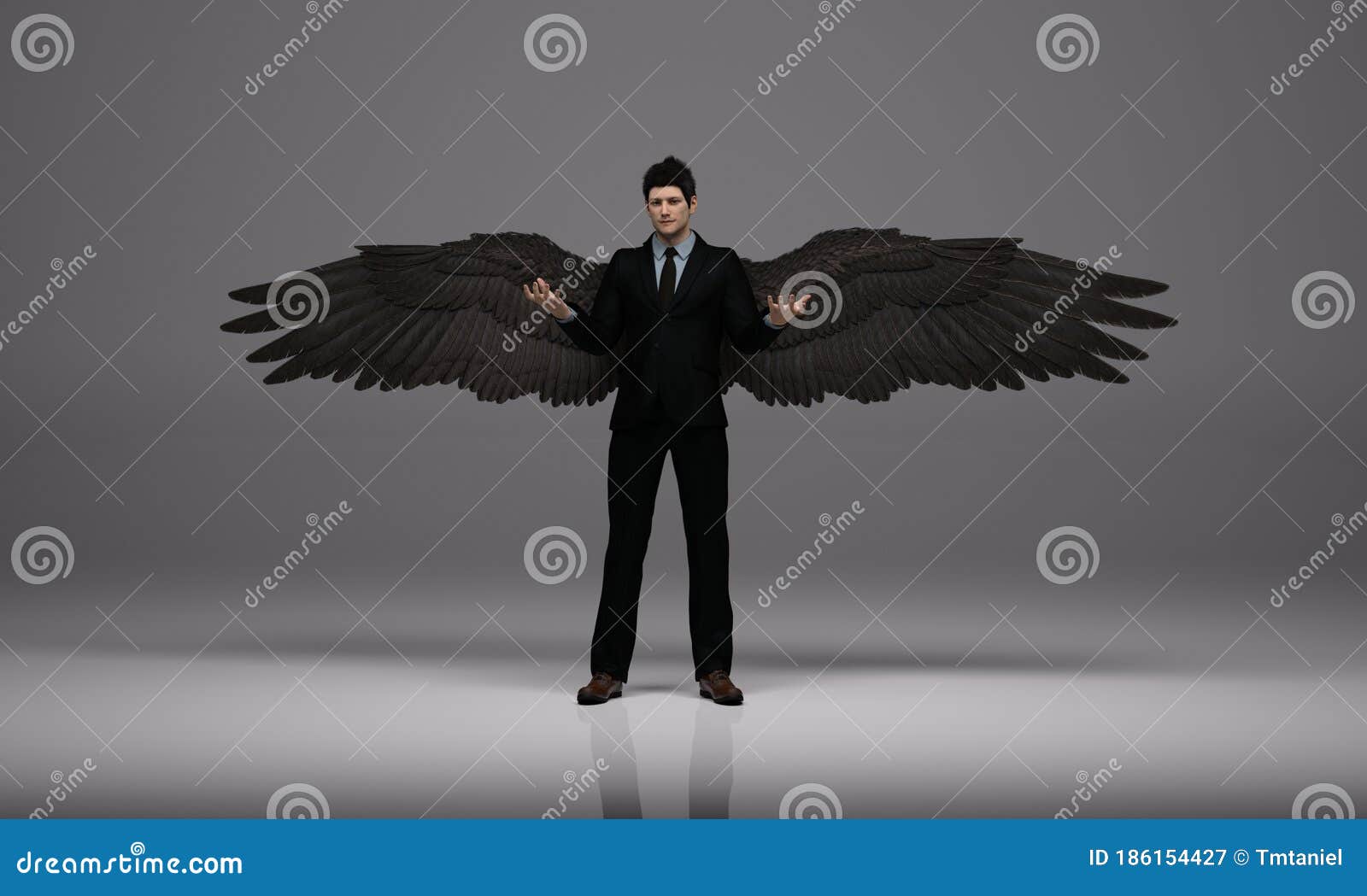 3D Rendering : a Standing Man with a Pair of Wings at His Back Pose in ...