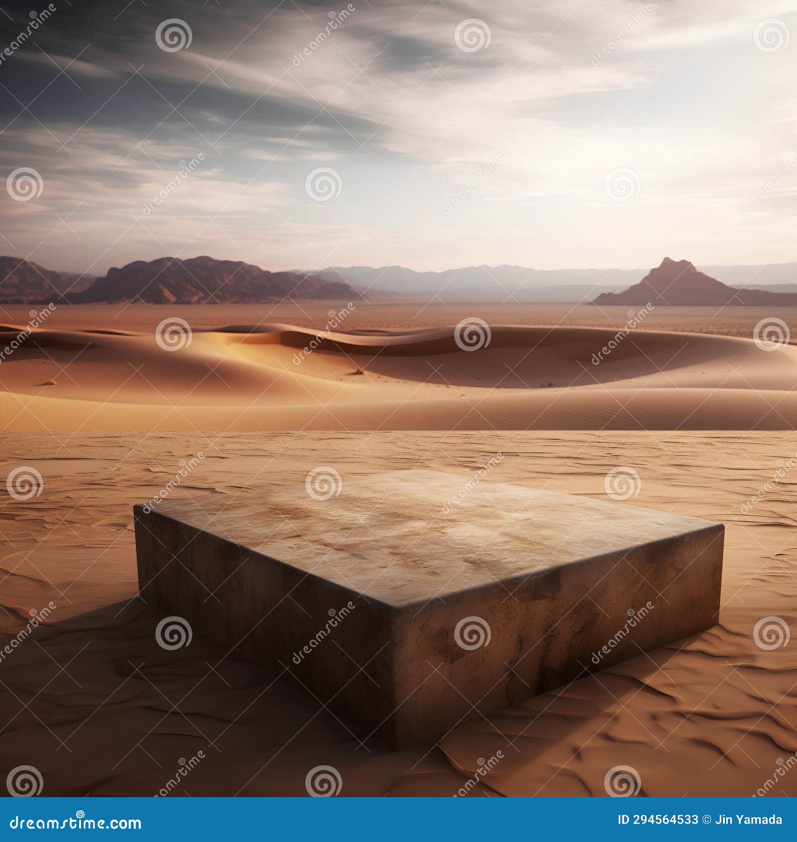 3d Rendering of Stone Cube in the Desert with Sand Dunes Stock ...