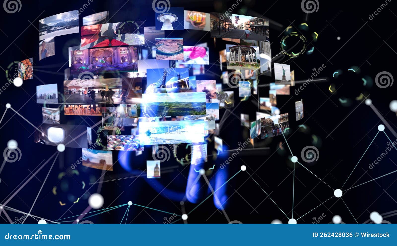 3D Rendering of Streaming Data Picture Video Material Against a Dark ...