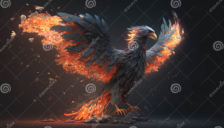3d Rendering of a Strong Bird in Fire with Flames on a Dark Background ...