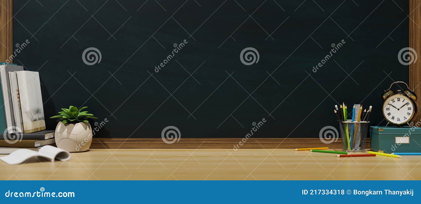3D Rendering, Study Table in Classroom with Stationery, Books, Alarm ...