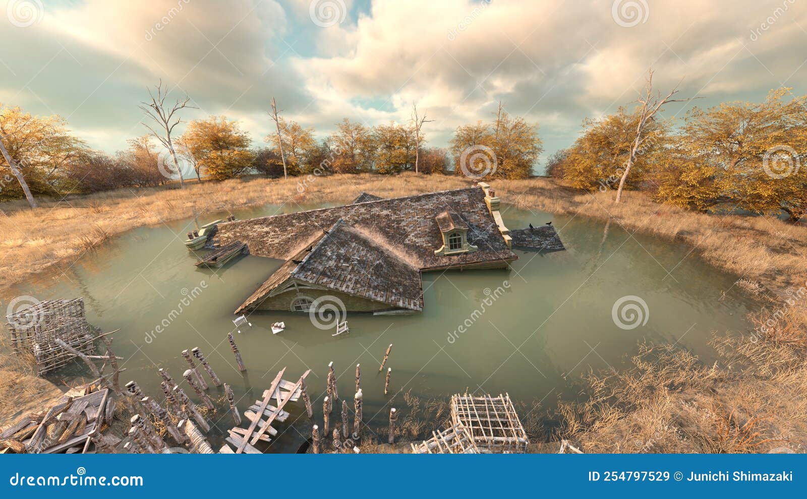3D Rendering of the Submerged House Stock Illustration - Illustration ...