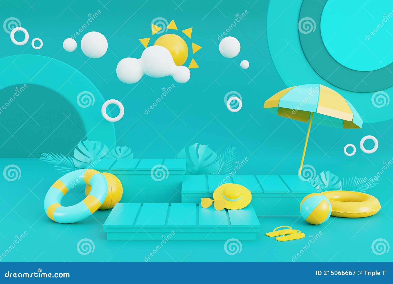 3d Rendering of Summer Vacation Concept with Product Display and Summer Elements.3d Rendering ...