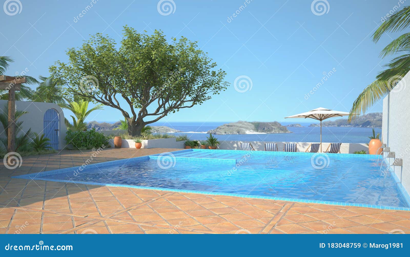 3d Rendering of a Swimming Pool with Sea View Stock Illustration ...